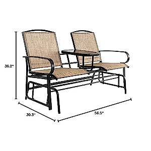 Amazon Basics 2-Person Outdoor Patio Textilene Glider Chair with Tempered Glass Table, 30.3"D x 56.5"W x 36.2"H, Brown
