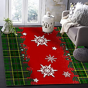 Indoor Area Rug - Welcome Mat Living Room Area Rugs Washable Non-Slip Floor Carpet for Bedroom Farmhouse Dorm (Christmas Snowflake Green Lattice, 2.7'x5')