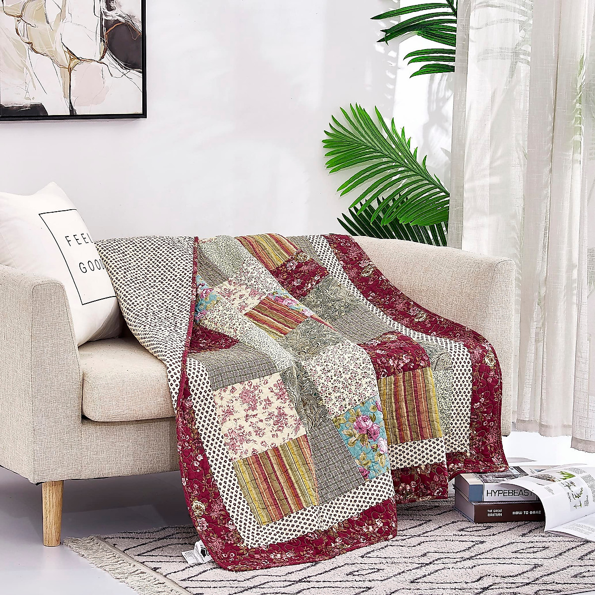 Tache Cotton Patchwork Quilt Blanket Country Farm Cottage Vintage Antique Ditsy Floral Paisley Burgundy Beige Lightweight Coverlet Fairy Tale Tea Party Quilted Throw Blanket, 50x60