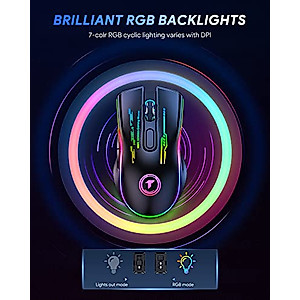 TECURS Gaming Mouse Wireless Gaming Mouse,USB Optical Computer Mouse Mice with 5 LED Lights,Rechargeable Gamer Mouse,4800 DPI for Laptop PC Gamer Desktop Chromebook Mac,Black