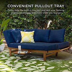 Best Choice Products Outdoor Convertible Acacia Wood Futon Sofa Furniture for Patio, Balcony, Poolside, Backyard w/Pullout Tray, Removable Weather-Resistant Cushion & 4 Pillows - Navy Blue
