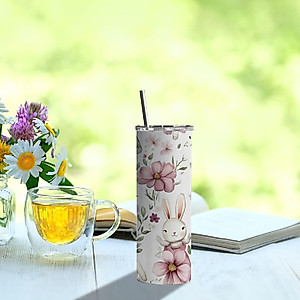 Tumbler with Lid and Straw Miss Rabbit and Flowers thermos coffee travel mugcute cups 20 oz insulated tumbler for Daily Holiday Decor Gift coffee cup