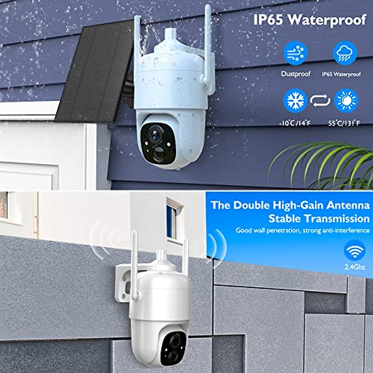 Allweviee Solar Security Cameras Wireless Outdoor, 2K 3MP Pan Tilt 355° View IP65 Waterproof Rechargeable Battery Powered PTZ WiFi Camera with PIR, Color Night Vision,2-Way Talk, 4dbi Antenna,Cloud/SD
