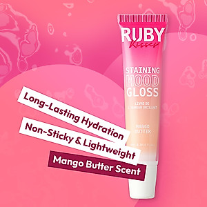 Ruby Kisses Staining Mood Lip Gloss, Mango Butter Infused for Hydration, PH-Activated Hue Change, Lightweight Feel, Non-Sticky Shine for Long Lasting Fuller & Smoother Lips (1pc)