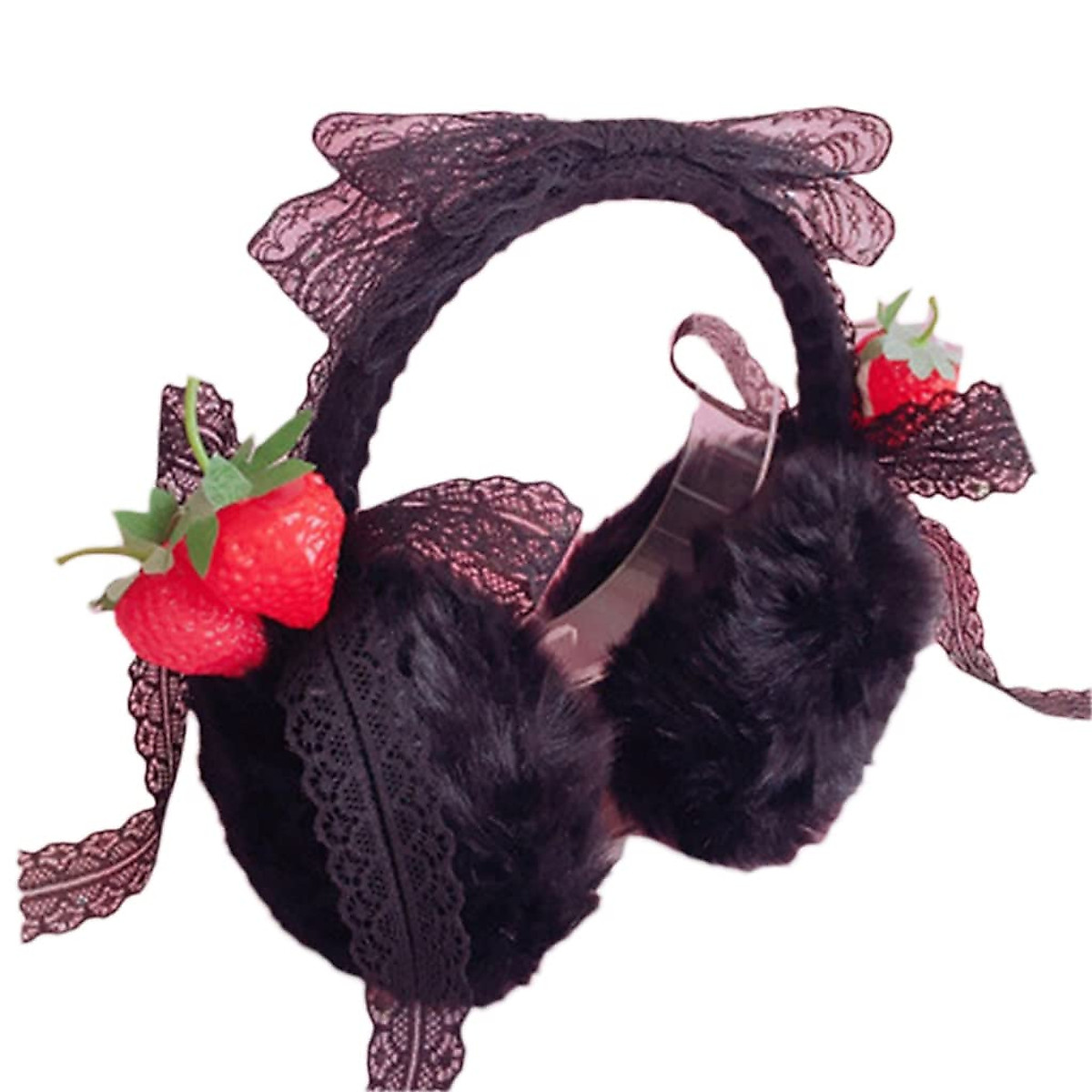 kaixinbukaixin Ear Muffs Cat Ear White Strawberry Black Lolita Cute Ear Muffs Winter Ear Warmers Faux Fur Outdoor Ear Covers,White Strawberry