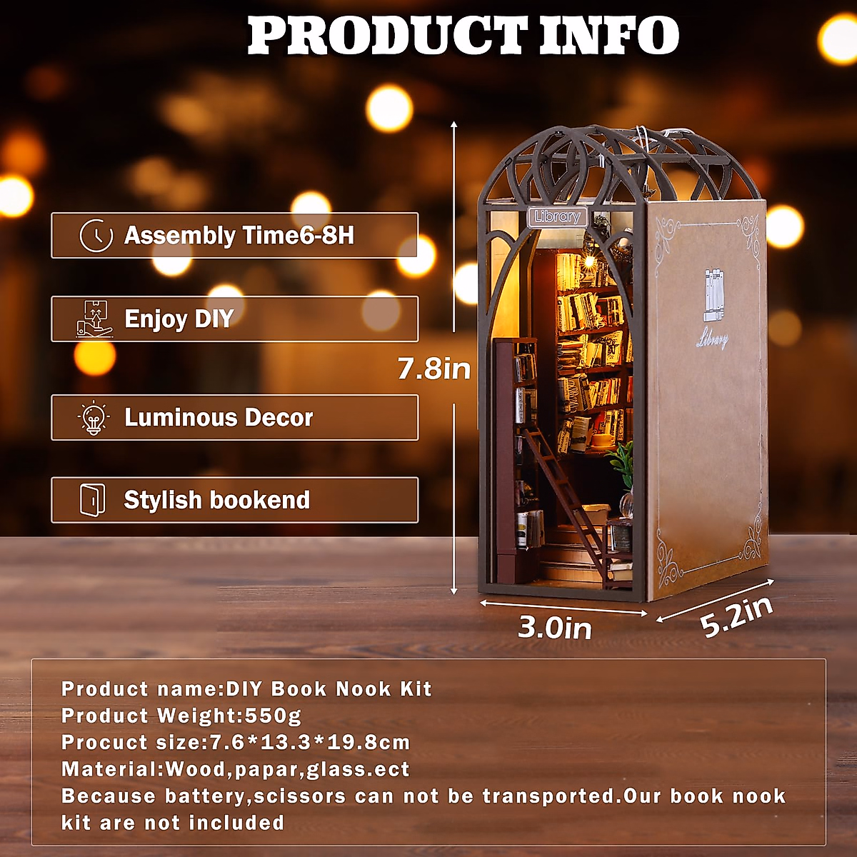 Book Nook Kit, DIY Miniature Dollhouse Booknook Kit, 3D Wooden Puzzle Bookend Bookshelf Insert Decor with LED Light for Adults and Teens, Gifts for Family and Friends (Library)