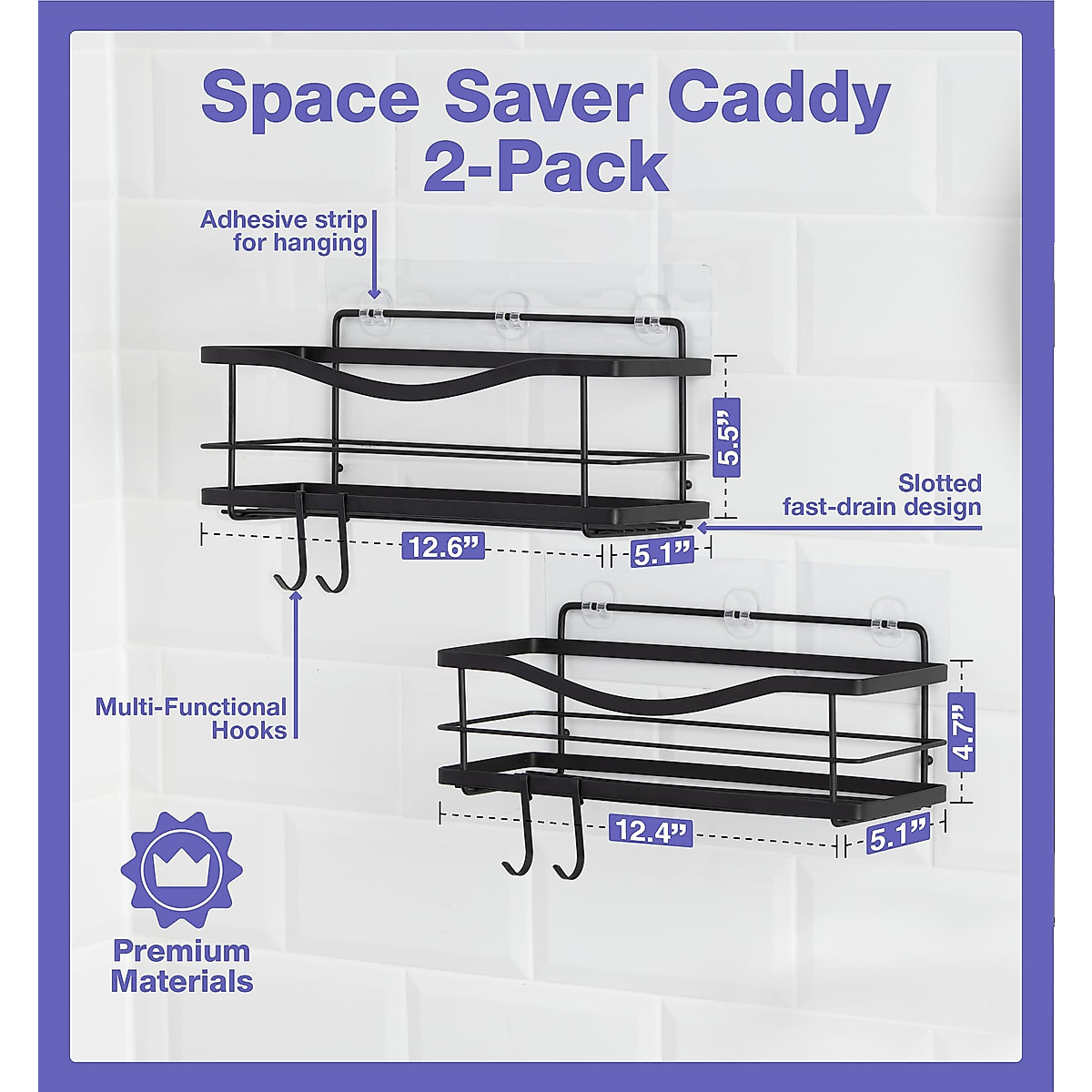 KINCMAX Shower Caddy Bathroom Shelf, No Drilling Traceless Adhesive Bathroom Storage Organizer, SUS304 Rustproof Food Storage Basket, 2-in-1 Kitchen Spice Racks-2 Pack (Matte Black)