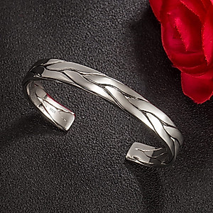 Fashion Men & Women 925 Sterling Silver Bracelet Simple Cuff Bangles Couples Jewelry For Him Her Adjustable Bracelet in a Pretty Gift Box (Width 0.37 inches, Adjustable)