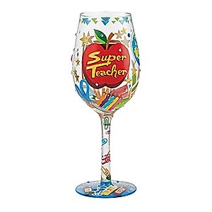 Enesco Designs by Lolita Super Teacher Hand-Painted Artisan Wine Glass, 15 Ounce, Multicolor