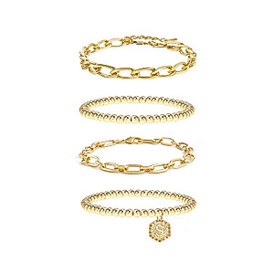 Gold Initial S Bracelets Stackable Bead Bracelet Set Layered 14k Gold Plated Stretch Letter Initial Bracelets Gold Chain Bangles Paperclip Link Charms Bracelet