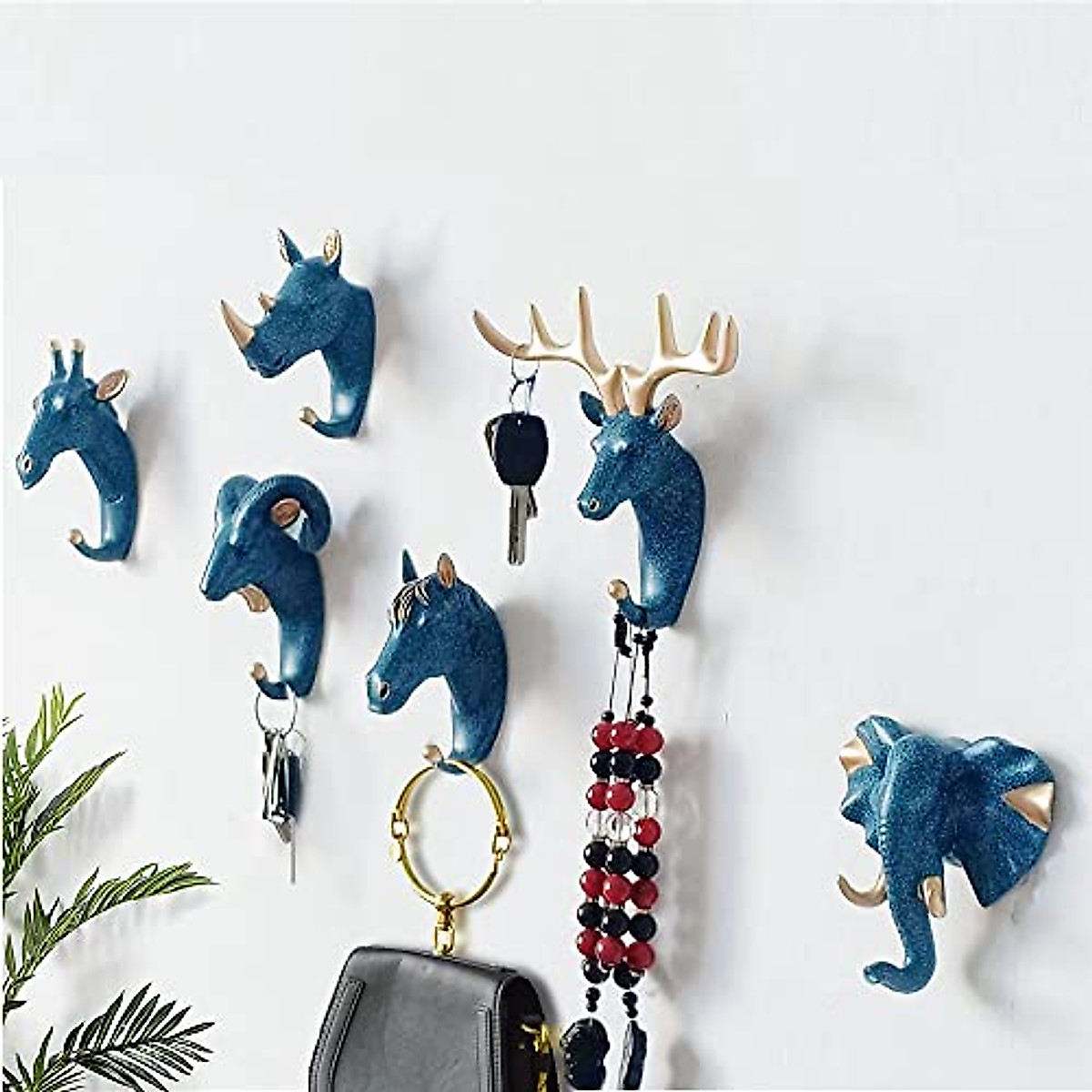 LBSLMJB 6PCS Coat Hooks Wall Mounted Creative Antlers Decorative Hooks, Hooks for Hanging Towels, Animal Shaped Blue Resin Wall Hook Rack for Bags, Hat, Cap, Scarf, Cup