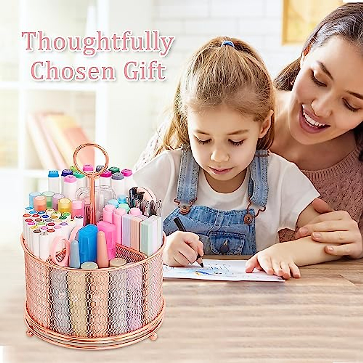 Spacrea Pen Holder for Desk - 360°Degree Rotating Pen Organizer, Desk Organizer with 4 Compartments, Pencil Holder for Desk, For School, Classroom, Office, Art Supplies(Rose Gold)