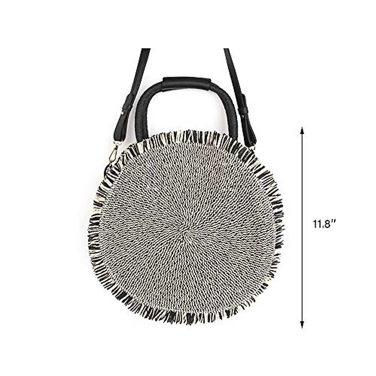 QTKJ Hand-Woven Round Straw Shoulder Bag Summer Beach Straw Tassel Big Tote Bag Crossbody with Removable Leather Shoulder Strap (Black)