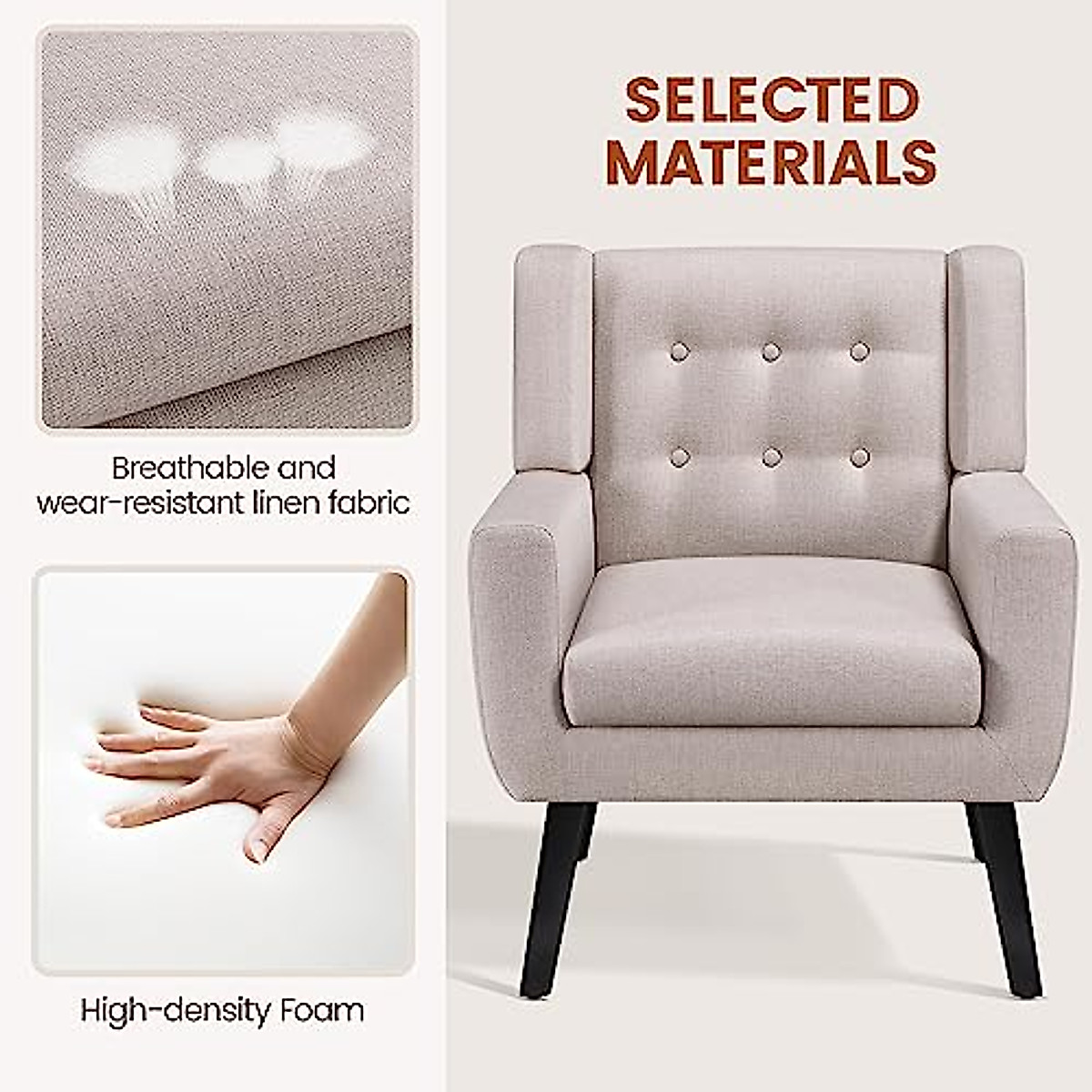 Yaheetech Accent Chair, Modern Button Tufted Armchair, Linen Fabric Sofa Chairs for Living Room Bedroom, Mid-Century Comfy Reading Chair, Beige