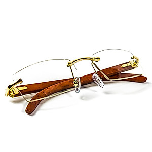 Street Knitted Rimless Clear Lens Gold Sunglasses 90's Retro Rectangle Woodgrain Fashion Eye Glasses