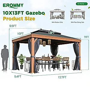 EROMMY 10'x13' Hardtop Gazebo Outdoor Aluminum Wood Grain Gazebos with Galvanized Steel Roof and Mosquito Net for Patios, Deck, Backyard, Curtains & Netting