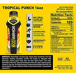 BODYARMOR Sports Drink Sports Beverage, Tropical Punch, Natural Flavor With Vitamins, Potassium-Packed Electrolytes, Perfect For Athletes, 16 Fl Oz (Pack of 12)