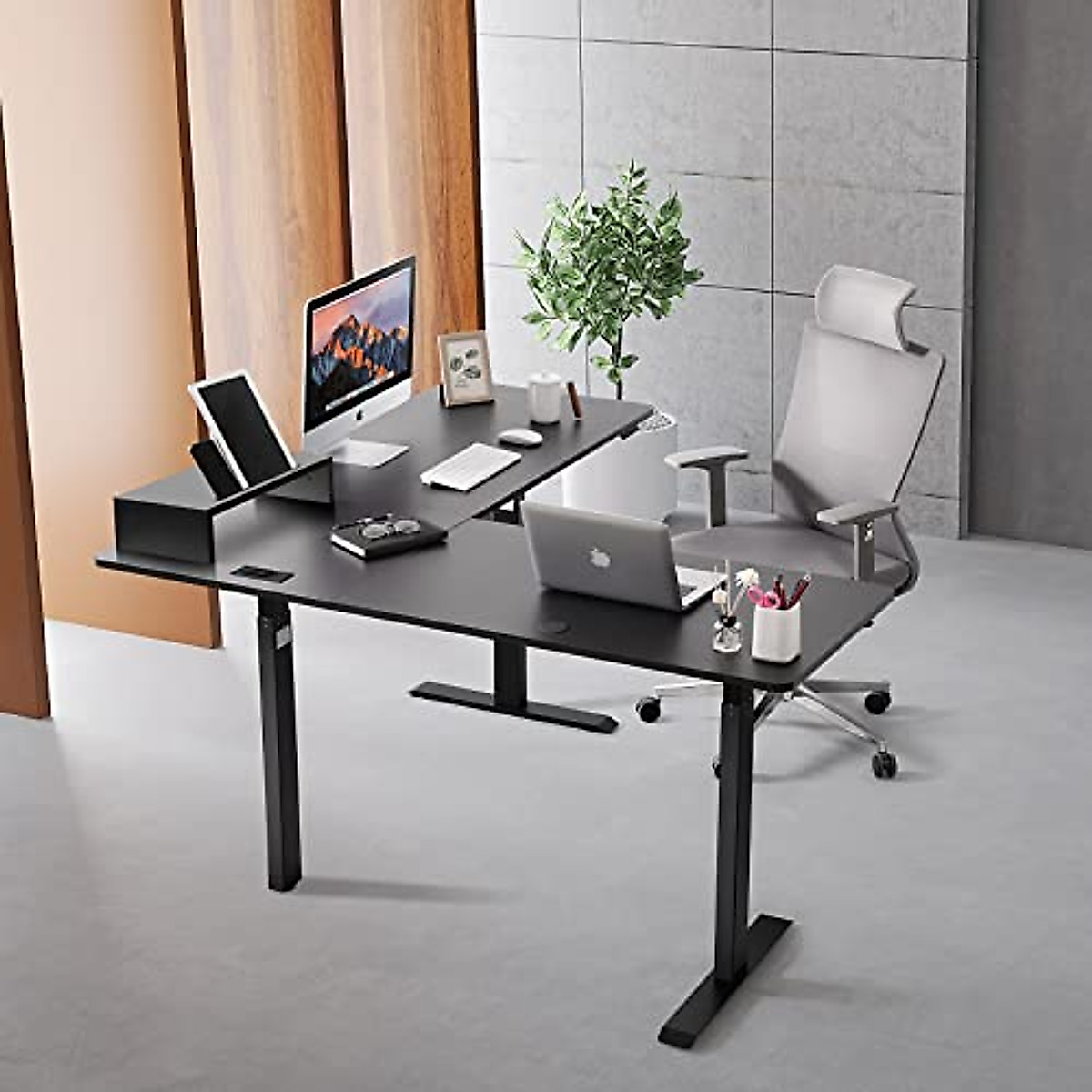 UNICOO - L Shaped Triple Motor Electric Height Adjustable Standing Desk, Computer Corner Desk, Home Gaming Desk, Office Writing Workstation (Black Top/Black Frame - XOT-L3E-BB)