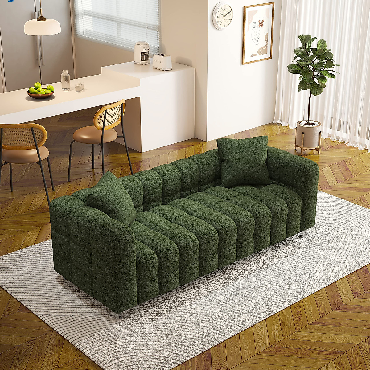 WILLIAMSPACE 80" Chesterfield Sofa, Modern Green Fleece 3 Seat Sofa, Mid-Century Upholstered Sofa Couch with Pillows & Metal Leg for Living Room Bedroom Apartment (Green)