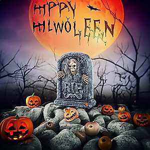 Halloween Zombie Tombstone Animated Skeleton Decorations Yard Decor Motion Sensor Activated, Creepy Voice, Spooky Skull Head, Light Up Eyes, Scary Haunted Prop