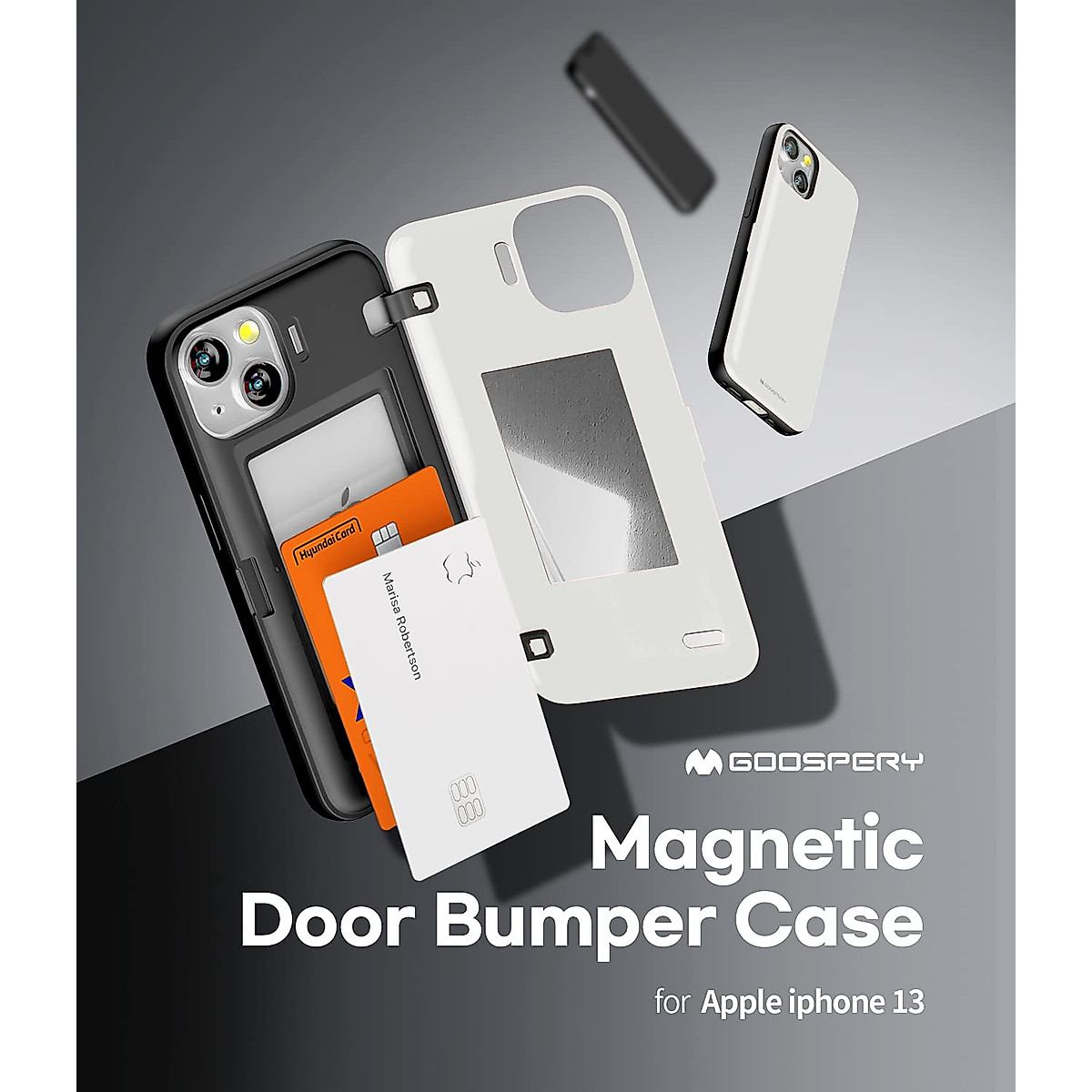 GOOSPERY Magnetic Door Bumper Compatible with iPhone 13 Case, Card Holder Wallet Case, Easy Magnet Auto Closing Protective Dual Layer Sturdy Phone Back Cover - White
