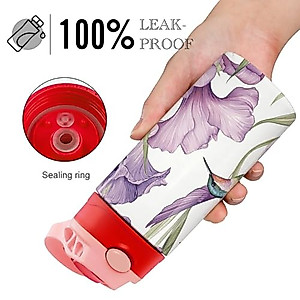 Stainless Steel Water Bottles Hummingbirds Irises Flowers Travel Water Cups with Handle And Silicone Straw Drinking Cup with Leak Proof Lid Thermo Travel Mug for Women Men