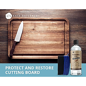 Kate Naturals Mineral Oil for Cutting Board 8oz with Wax Applicator. Food Grade & Food Safe Mineral Oil to Protect Wood on Cutting Boards & Butcher Blocks
