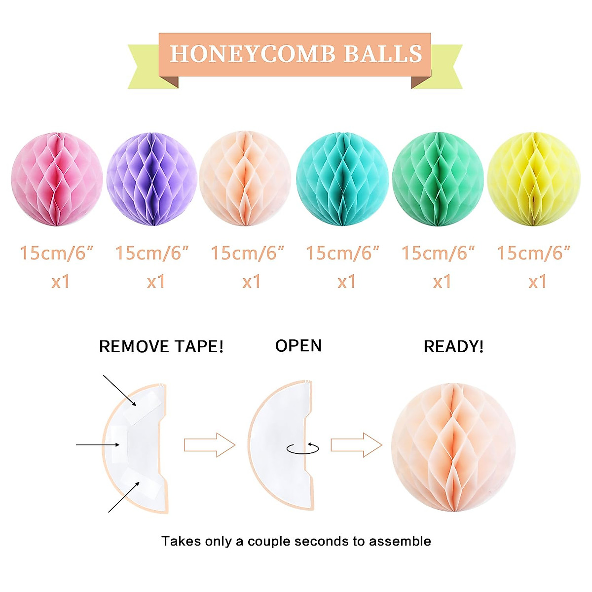 LITAUS, Birthday Decorations, NO DIY - Pack of 17 | Macaron Happy Birthday Banner, Honeycomb Balls, Swirls, Garland | Happy Birthday Decorations | Birthday Party Decorations