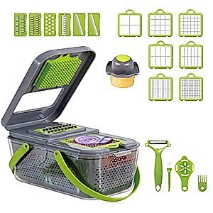 niceeshop Upgraded version multifunctional vegetable cutter mandolin slicer and peeler 20 in 1 vegetable cutter potato onion dicing machine with transparent container.
