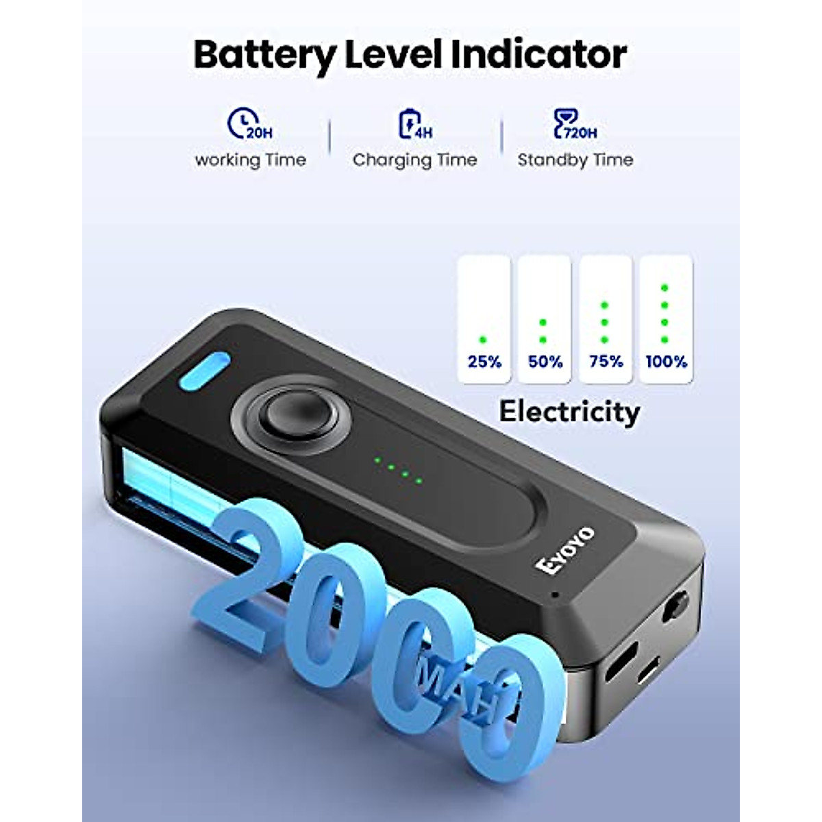 Eyoyo 2D Bluetooth Barcode Scanner Wireless with Clip, 2000mAh Battery with Level Indicator, Portable Mini QR Bar Code Reader for Library Book Inventory Compatible with iPhone, iPad, Android Phone