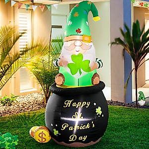 Buheco St Patricks Day Inflatables Outdoor Decorations 5ft Large Cute Blow Up Leprechaun Inflatable Gnome Sitting on Gold Pot Shamrocks Led Lights Saint Irish Outside Yard Lawn Indoor Vacation Décor