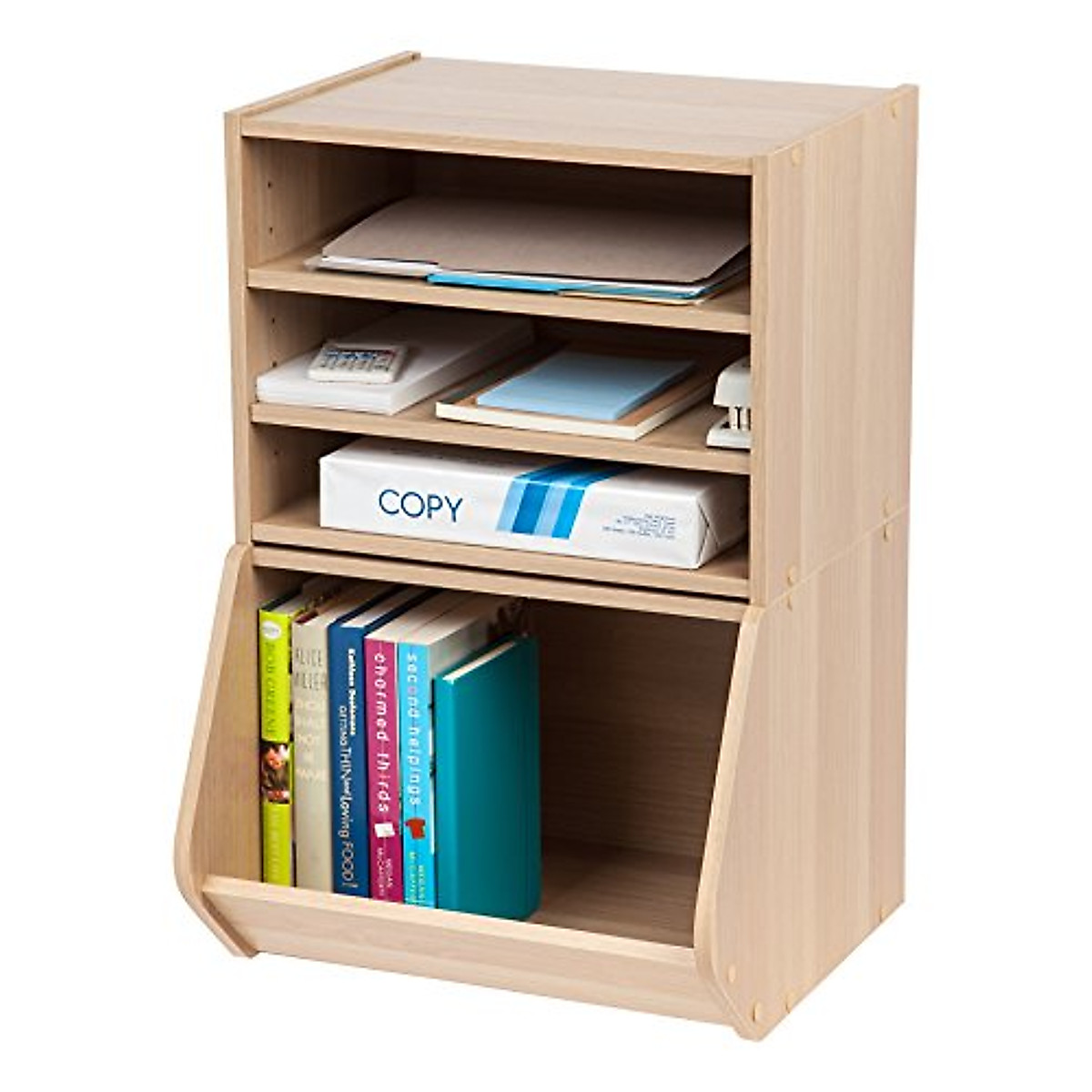 IRIS USA 3-Shelves Modular Wood Stacking Storage Box, for Office Closet and Nightstand, Easy Assembly, Customizable, Stacking Storage Boxes, Light Brown