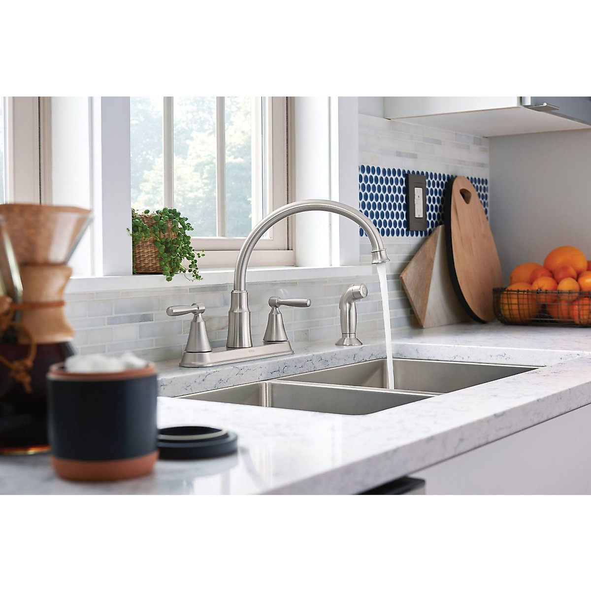 Moen Hutchinson Spot Resist Stainless 2-Handle High-Arc Kitchen Faucet with Side Sprayer, 87048SRS