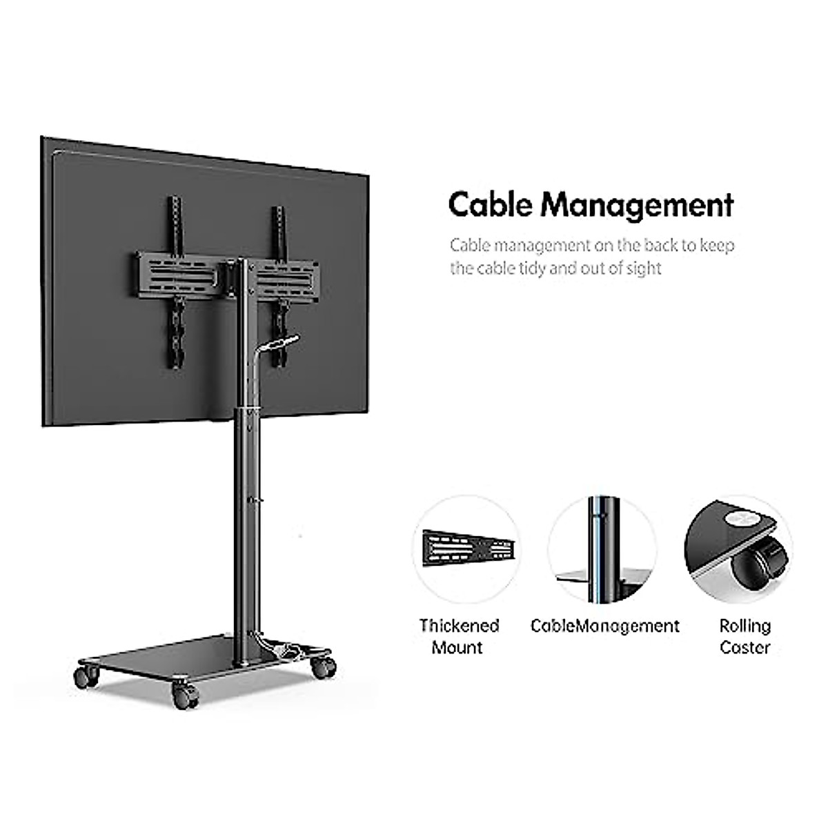 FITUEYES Mobile TV Stand with Wheels for 32-60 65Inch TV Screen, Rolling TV Floor Stand with Mount, TV Cart with Black Tempered Glass Base & Wire Management, Holds 66 lbs