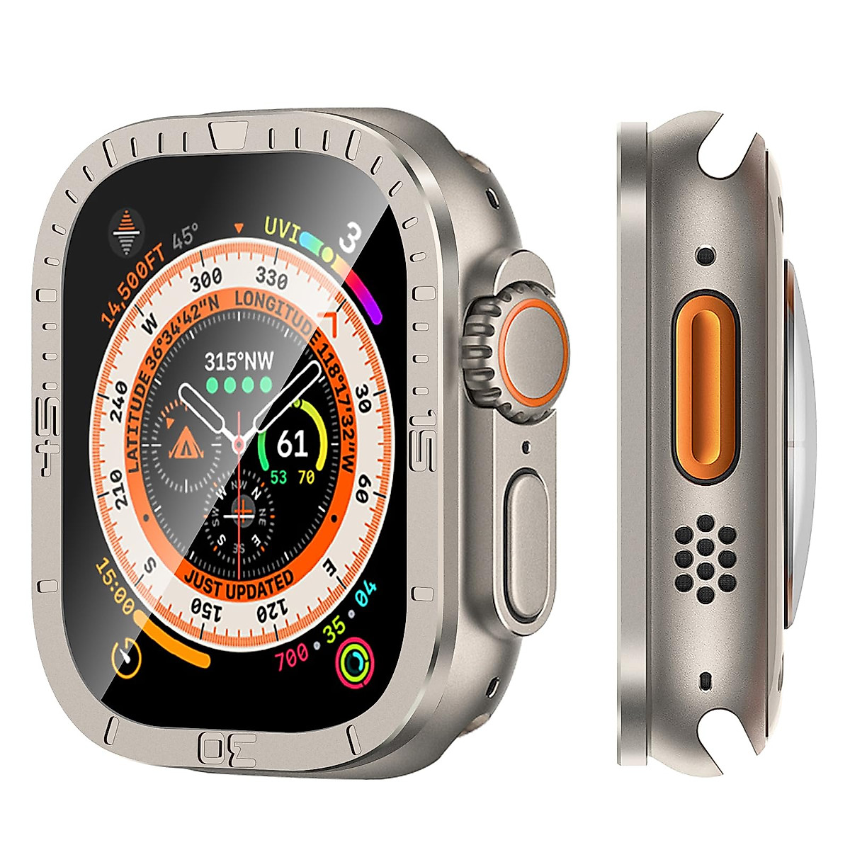 Amizee 2 Pack Metal Case Compatible with Apple Watch Ultra/Ultra 2 Screen Protector Case 49mm with Tempered Glass, Metal Frame Built in HD Glass Protective Cover for iWatch 49mm (B-Numeric Titanium)