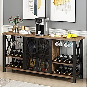 O&K FURNITURE Wine Bar Cabinet for Liquor and Glass with Storage & LED Lights, Rustic Metal Wood Wine Rack Buffet Cabinet, Industrial Coffee Bar Cabinet for Living Room, Home Bar (Brown)