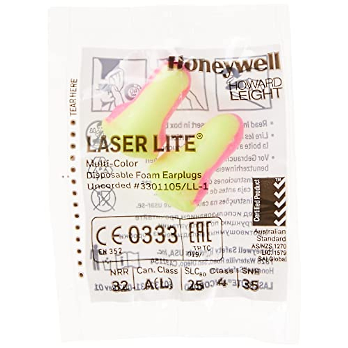 Howard Leight by Honeywell Laser Lite High Visibility Disposable Foam Earplugs, Pink/Yellow , 200-Pairs (LL-1) - 3301105