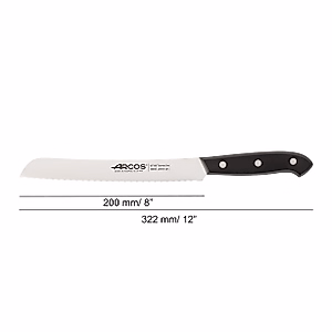 ARCOS Bread Knife 8 Inch Serrated Nitrum Stainless Steel and 200 mm blade. Kitchen Knife. Ergonomic Polyoxymethylene POM Handle. Series Bolonia. Color Black