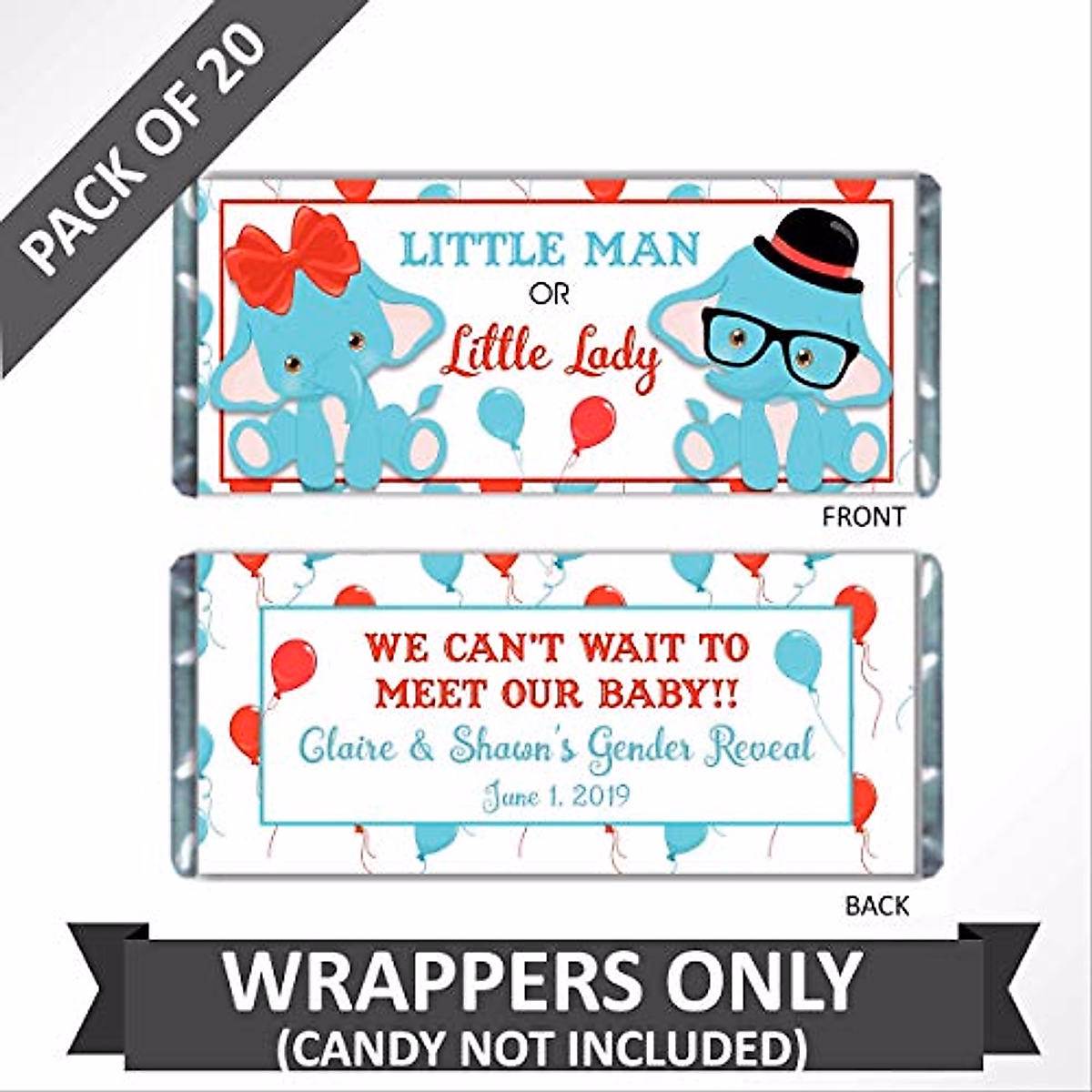 Personalized Elephant Candy Wrappers for Chocolate, Gender Reveal Party Favors, Pack of 20 Custom Hershey Bar Labels