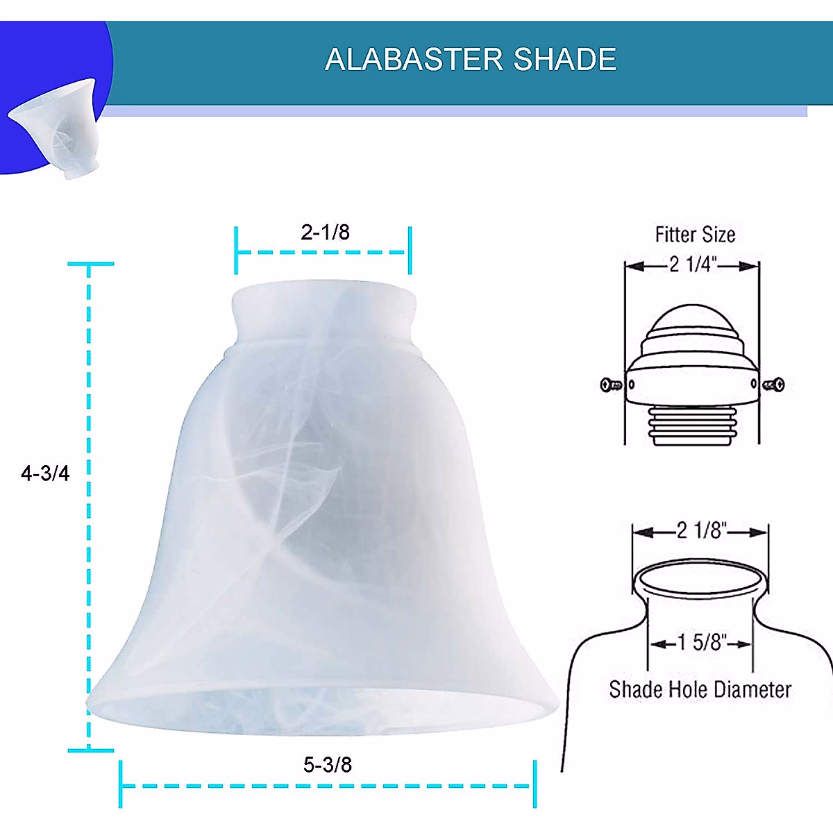 Dysmio Lighting Replacement Alabaster Shade - Height: 4.75-inch, 5-3/8 inches Diameter, Milky Scavo Glass Bell Shade - Standard 2-1/4-inch Fitter