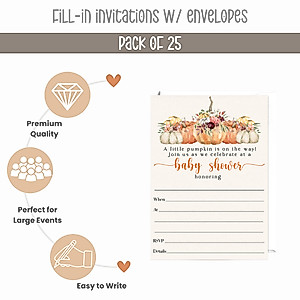Paper Clever Party Our Little Pumpkin Invitations with Envelopes - 25 Pack - Pumpkin Baby Shower - 5x7 Blank Cards for Personalization