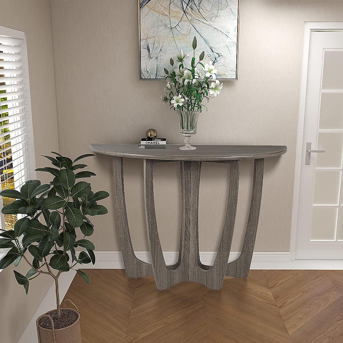 FINECASA Wooden Console Table, Half-Moon Entryway Table, Semicircle Narrow Side Table, Sofa Table for Living Room and Corridor, Foyer Table, Half Round Hallway Table, 43.4x17x30 Inches, Gray