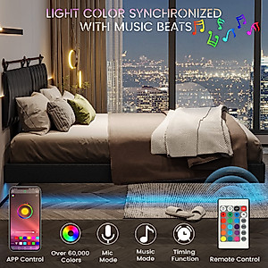 Hasuit Floating Bed Frame King Size with LED Light, Modern King Platform Bed with Vegan Leather Upholstered Headboard, No Box Spring Needed, Noise Free, Easy Assembly