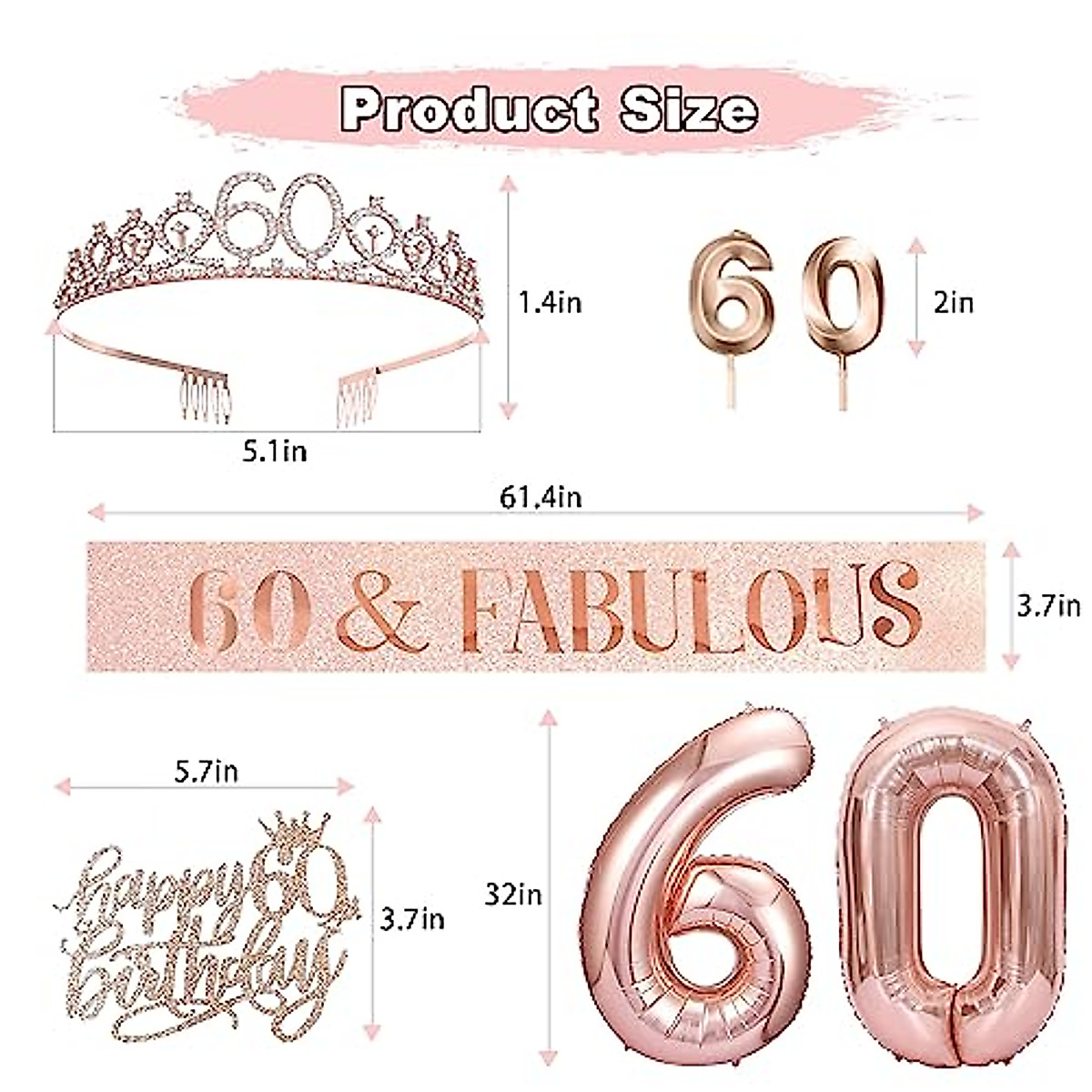 60th Birthday Gifts for Women Rose Gold, 60 Years Old Birthday Tiara, Sash, Balloons, Cake Topper, Candle and Glasses for 60th Birthday Party Decoration, 6 PCS