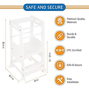 ELIMMAR Toddler Standing Tower - Wooden Learning Tower for Children - 5-Level Adjustable Height, Non-Slip Steps & Feet Pads, Silicone Mat, 2 Safety Bars - Helper Stool for Kids - White, 16x15.7x35.4