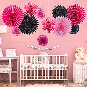Balun Admhail 11PCS Hanging Paper Fans Decorations Pink Black Birthday Party Decorations for Girls Sweet 16 18 21st Paris Birthday Bridal Shower Wedding Bachelorette Galentine's Party Decor Supplies