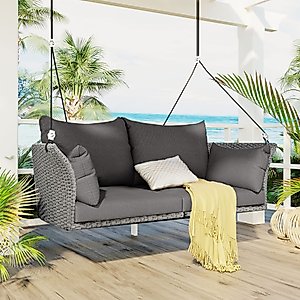 Patio 51.9” 2-Person Swing Chair,Outdoor Rattan Woven Hanging Seat with Adjustable Rope and Cushion,for Porch Lawn Garden Backyard Balconies (Gray&b)