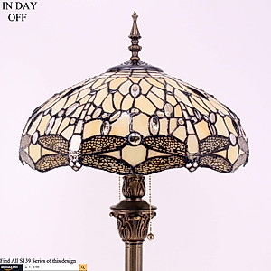 WERFACTORY Tiffany Floor Lamp Dragonfly Cream Stained Glass Standing Reading Light 16X16X64 Inches Antique Pole Corner Lamp Decor Bedroom Living Room Home Office S139 Series