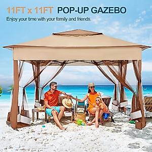 COBIZI 11x11 Pop Up Gazebo Canopy Tent Easy Up Outdoor Gazebo Waterproof Upgrade Portable Gazebo with Mosquito Nettings, Double Vented Roof and Carry Bag for Patio Garden Lawn(Khaki)