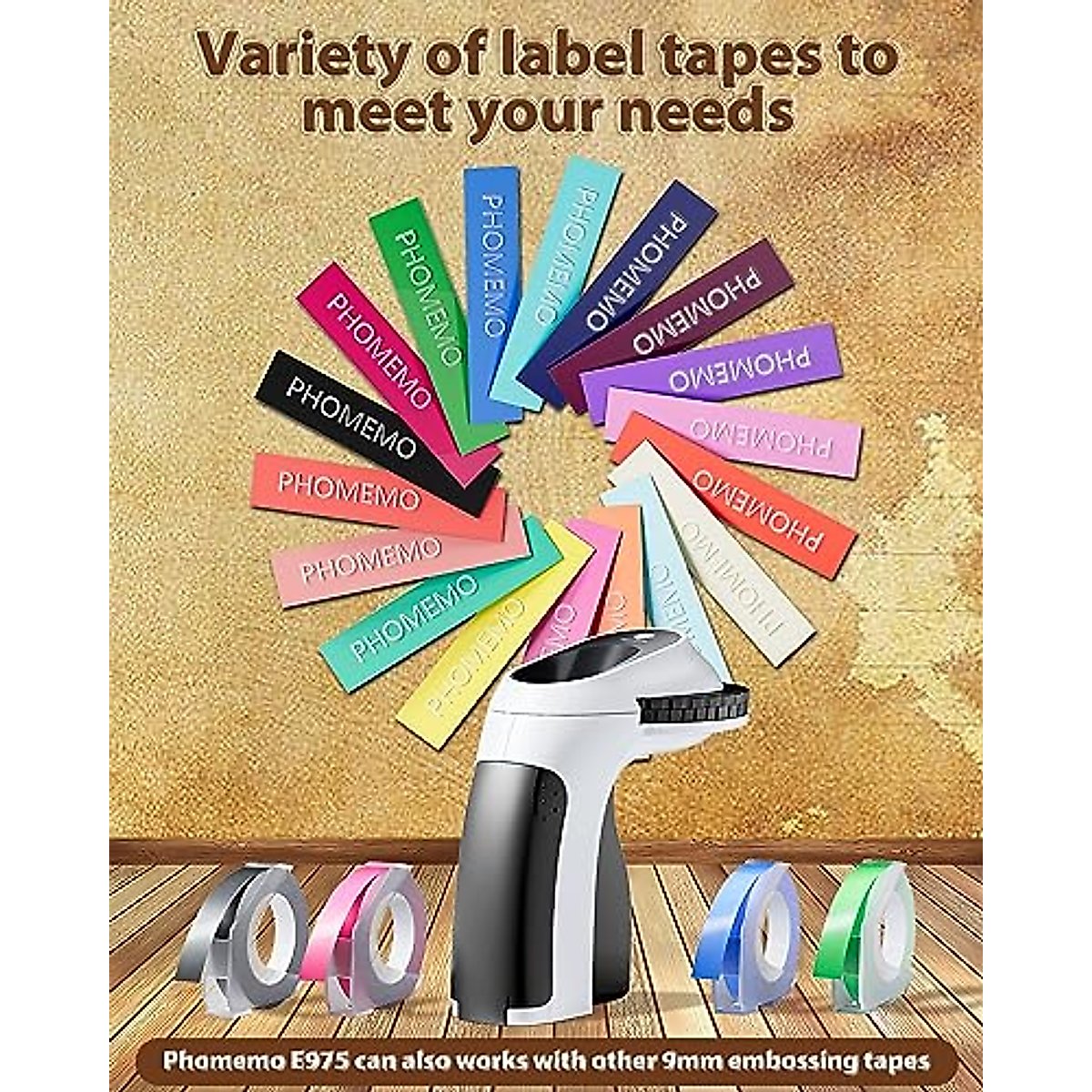 Phomemo E975 Embossing Label Maker Machine with Tapes, Retro Portable Embossed Label Printer Writer, Embosser Label Printer with 6 Rolls Embossing Tapes for Office Home Organization and DIY -Black